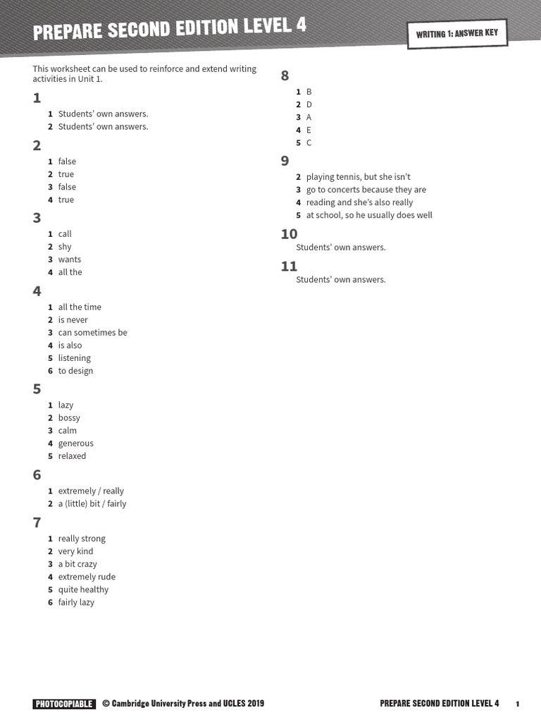 PREPARE 4 Writing Answer Key | PDF