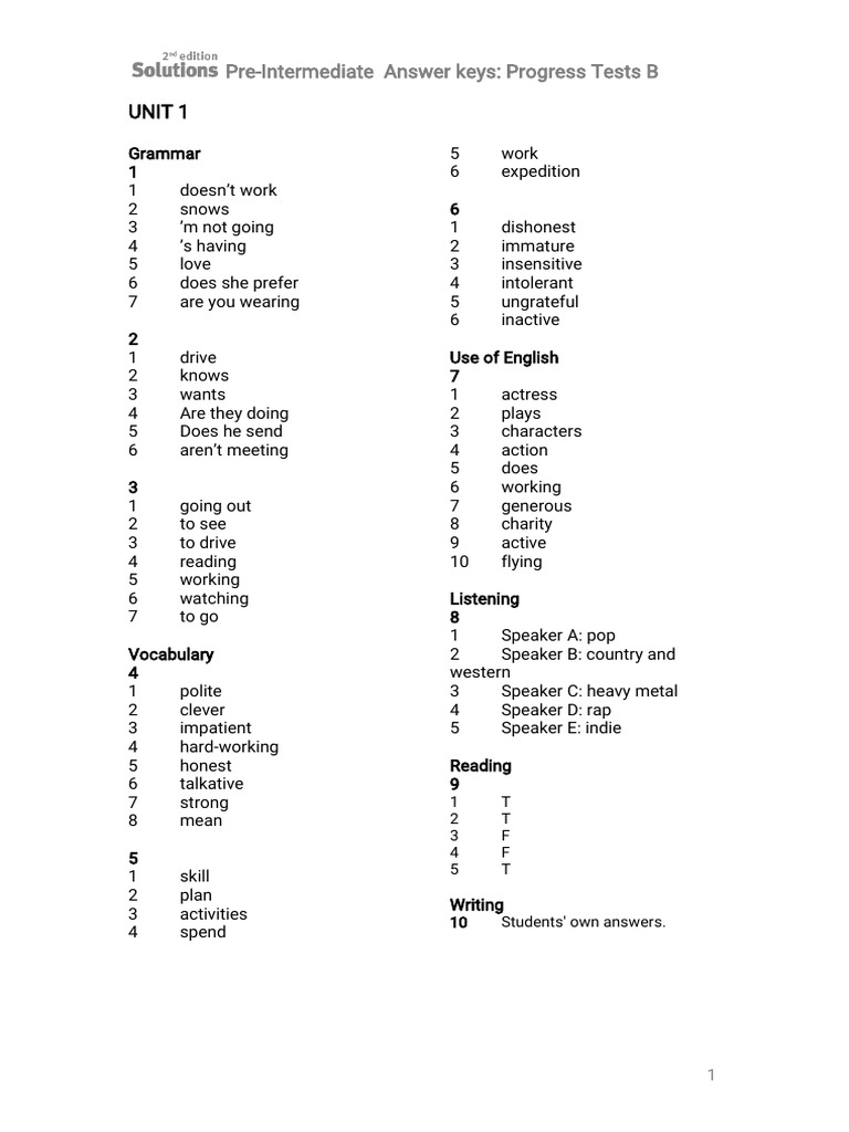 Solutions2e - Progress Tests - Answer Key - B | PDF