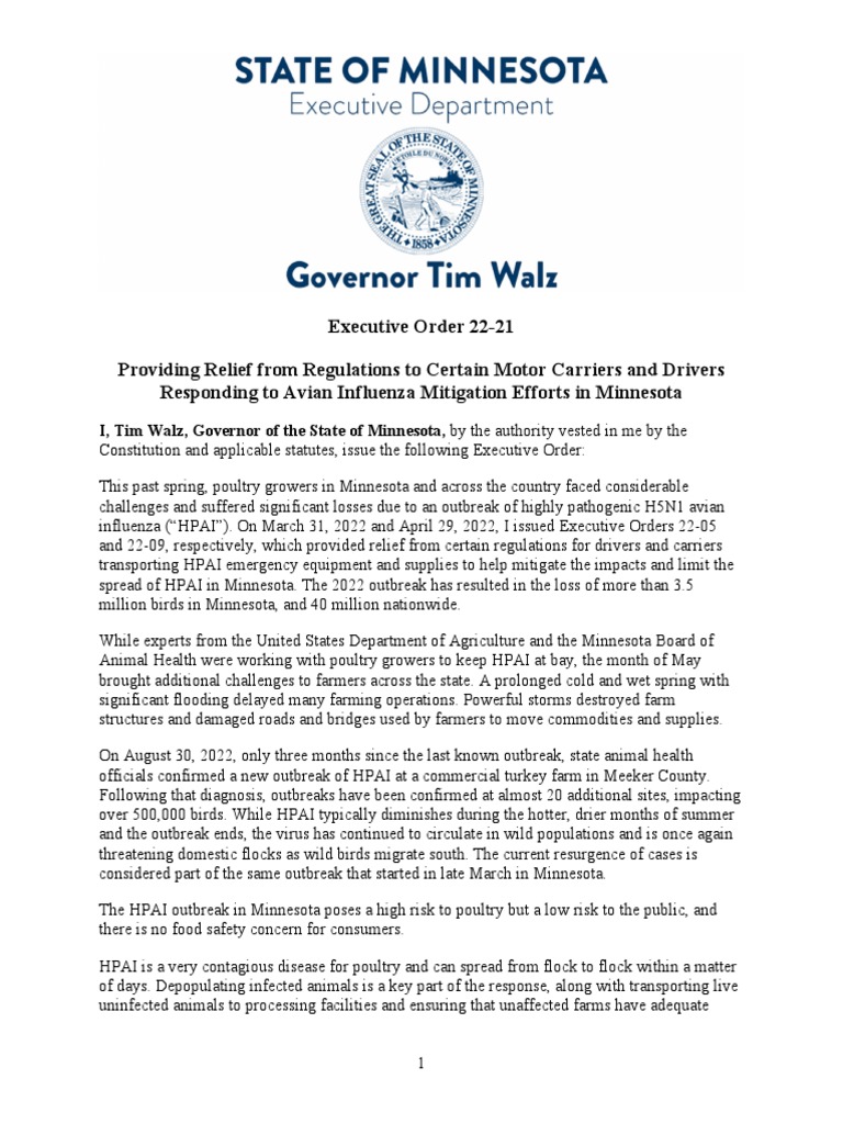 Walz Executive Order On Avian Influence Sept. 28, 2022 | PDF | Avian ...