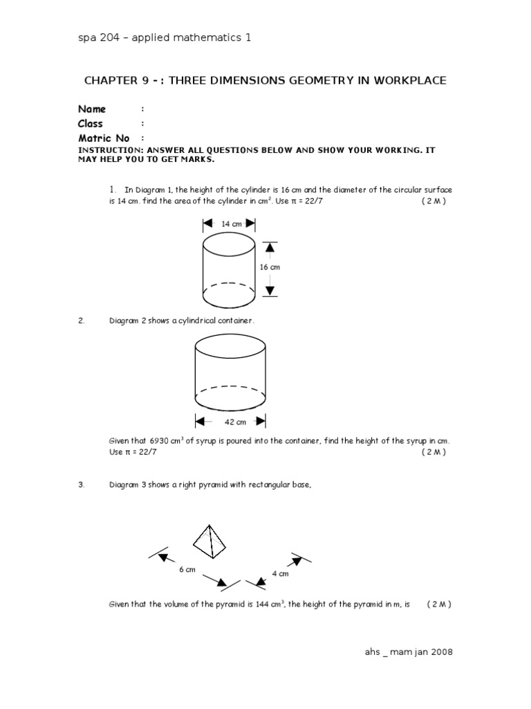 3D Geometry Problems in Applied Math | PDF | Teaching Methods & Materials