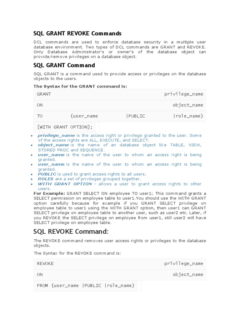 SQL GRANT REVOKE Commands | PDF | Databases | Table (Database)