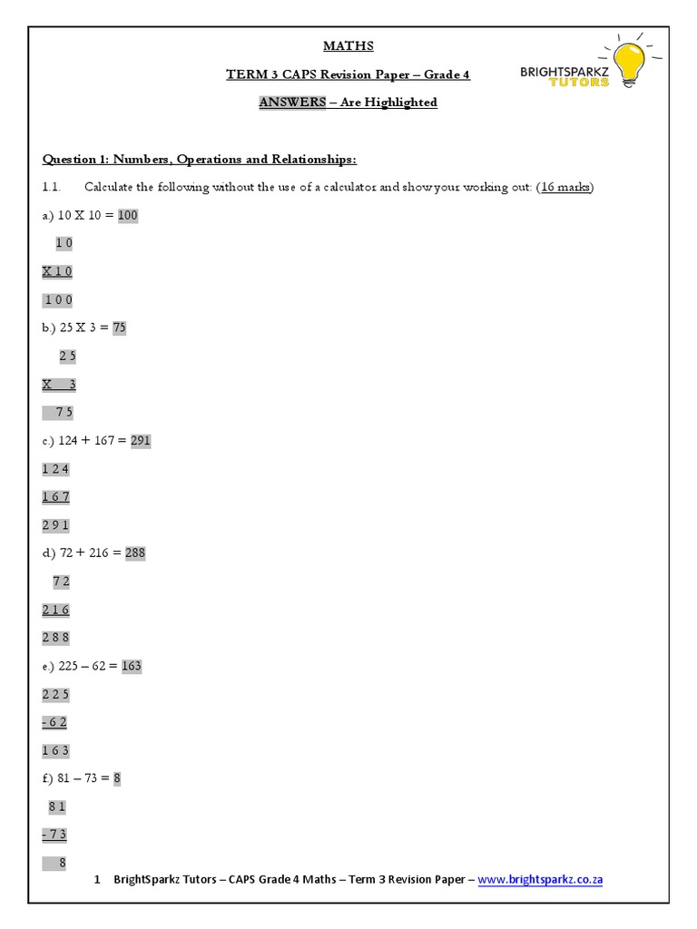 Grade 4 Term 3 Maths Revision Paper | PDF | Area | Geometry