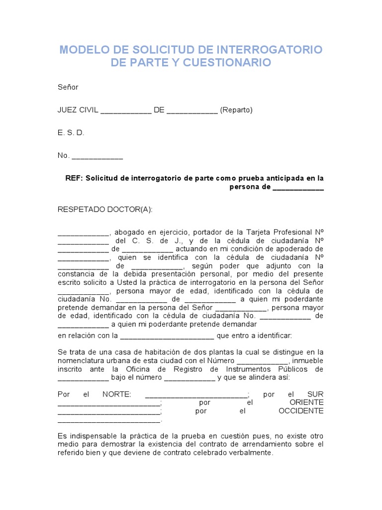 Modelo De Solicitud De Interrogatorio De Parte Modelo De Solicitud De ...