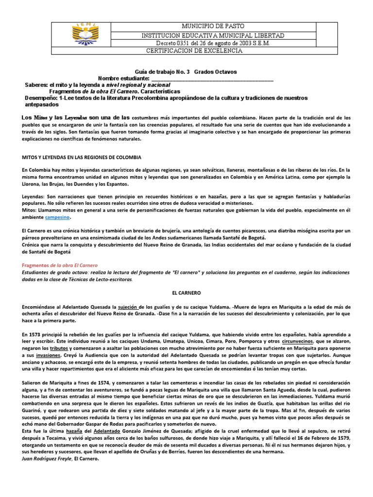El Mito y La Leyenda A Nivel Regional y Nacional Fragmentos de La Obra ...