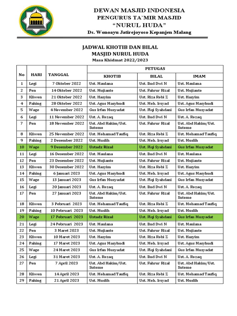 Jadwal Khotib 2022-2023 | PDF
