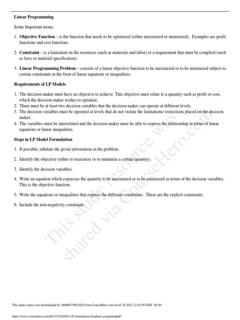 2 LP Formulation Handout Assignment PDF | PDF | Linear Programming | Loss Function