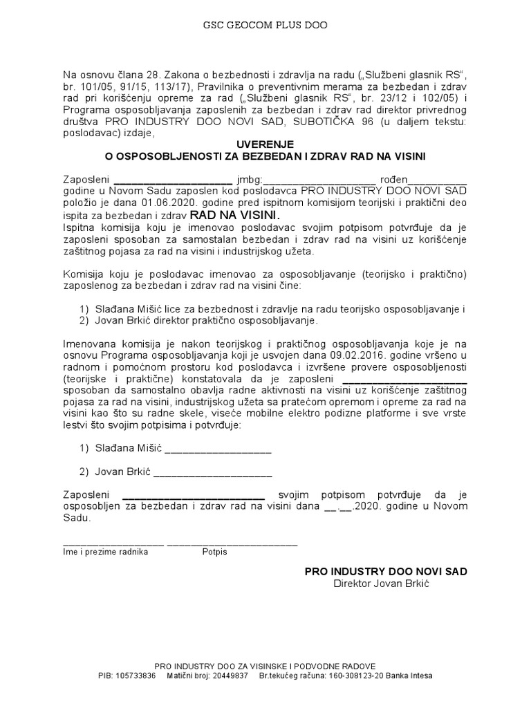 Uverenje Rad Na Visini | PDF