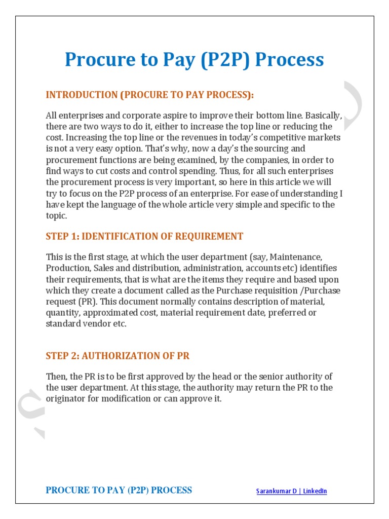 Procure To Pay (P2P) Process | PDF | Procurement | Invoice