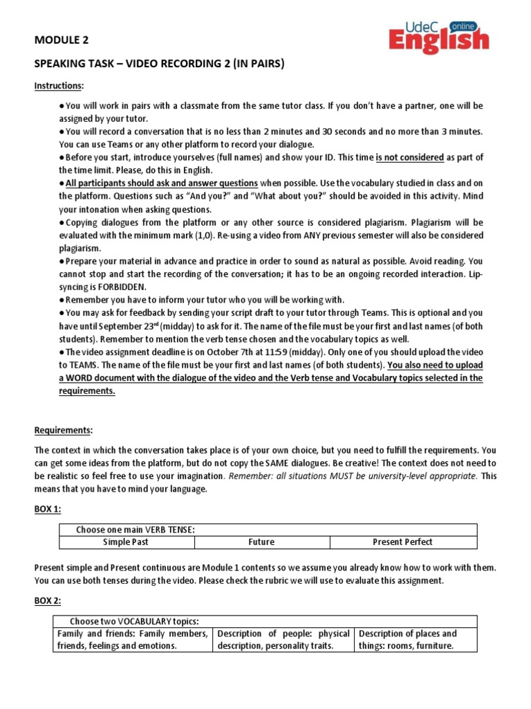 M2 Video - Instructions and Tasks 2022-2 IN PAIRS | PDF | Communication ...