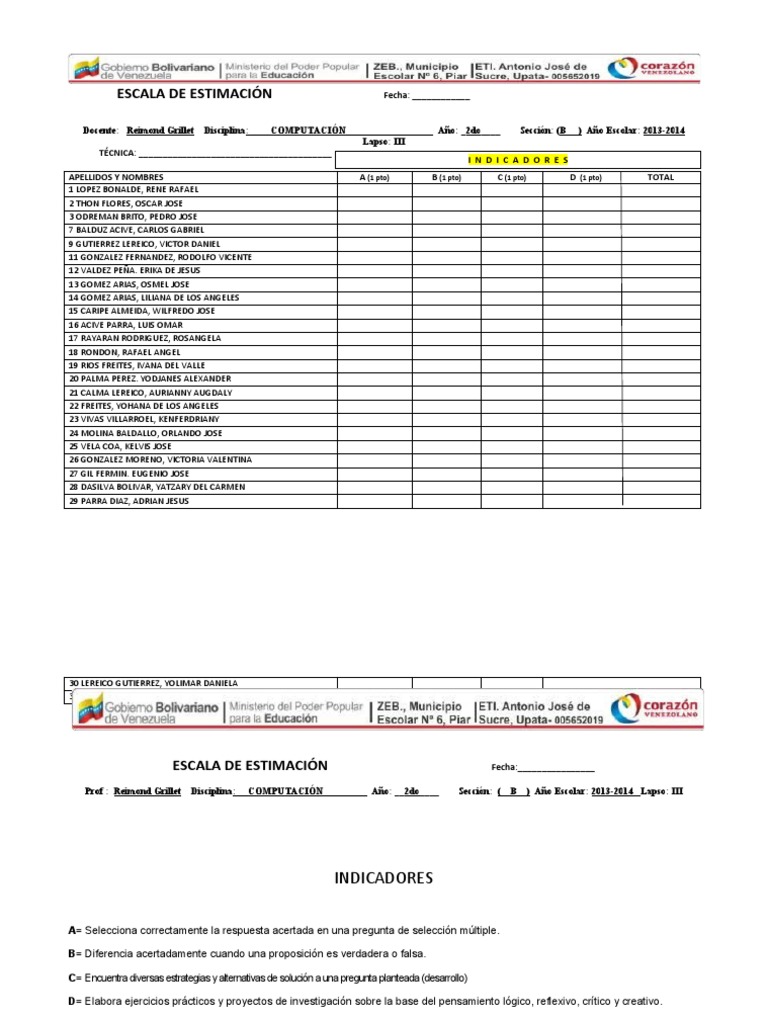 ESCALA DE ESTIMACIÓN 1ro (D) | PDF | Matemáticas