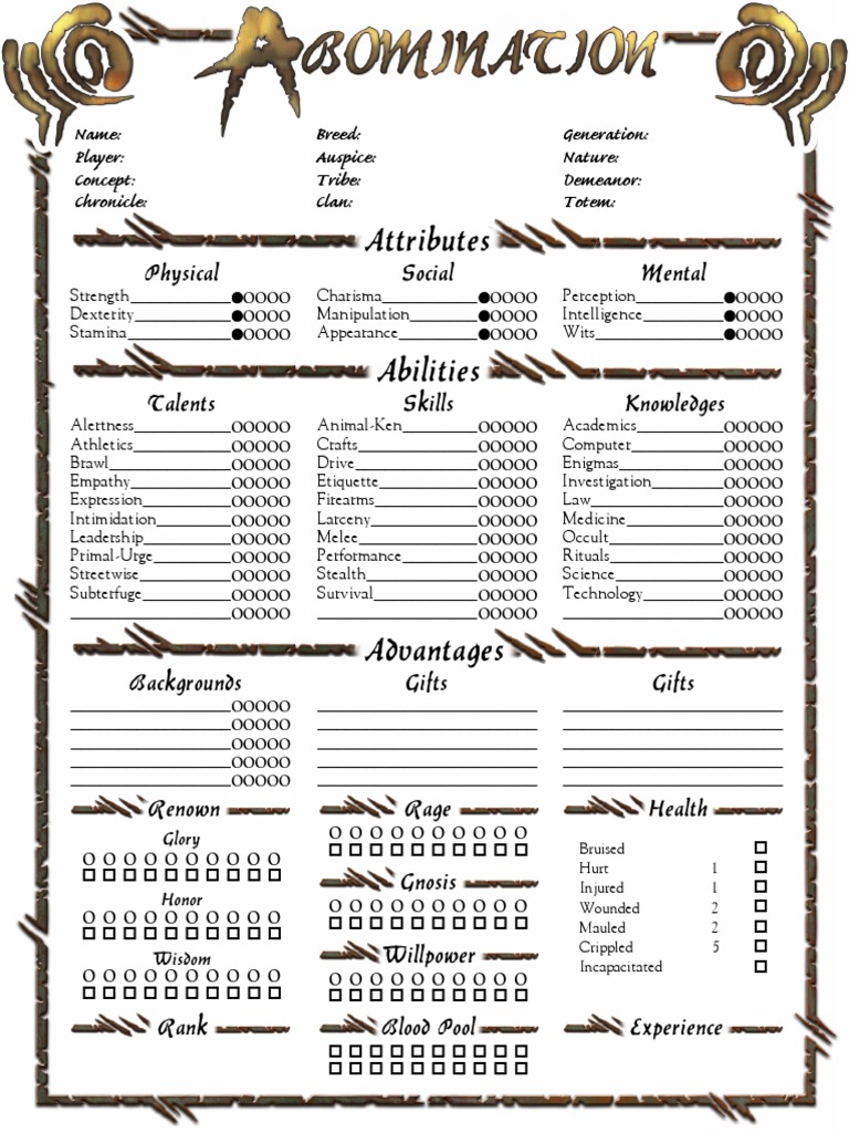 WtA Abomination Sheet | PDF