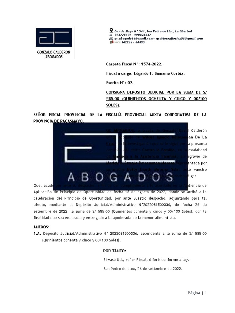 Escrito Presentando Depósito Judicial | PDF | Justicia | Crimen y violencia