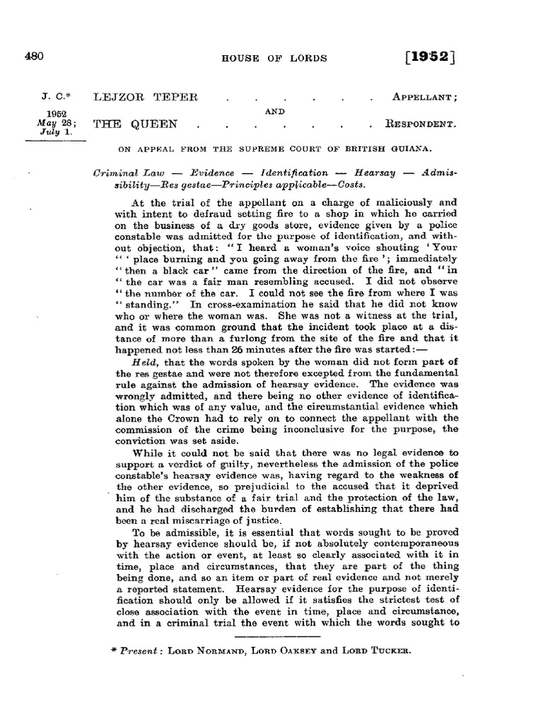 1952 Ac 480 Teper V The Queen - en | PDF | Hearsay | Evidence