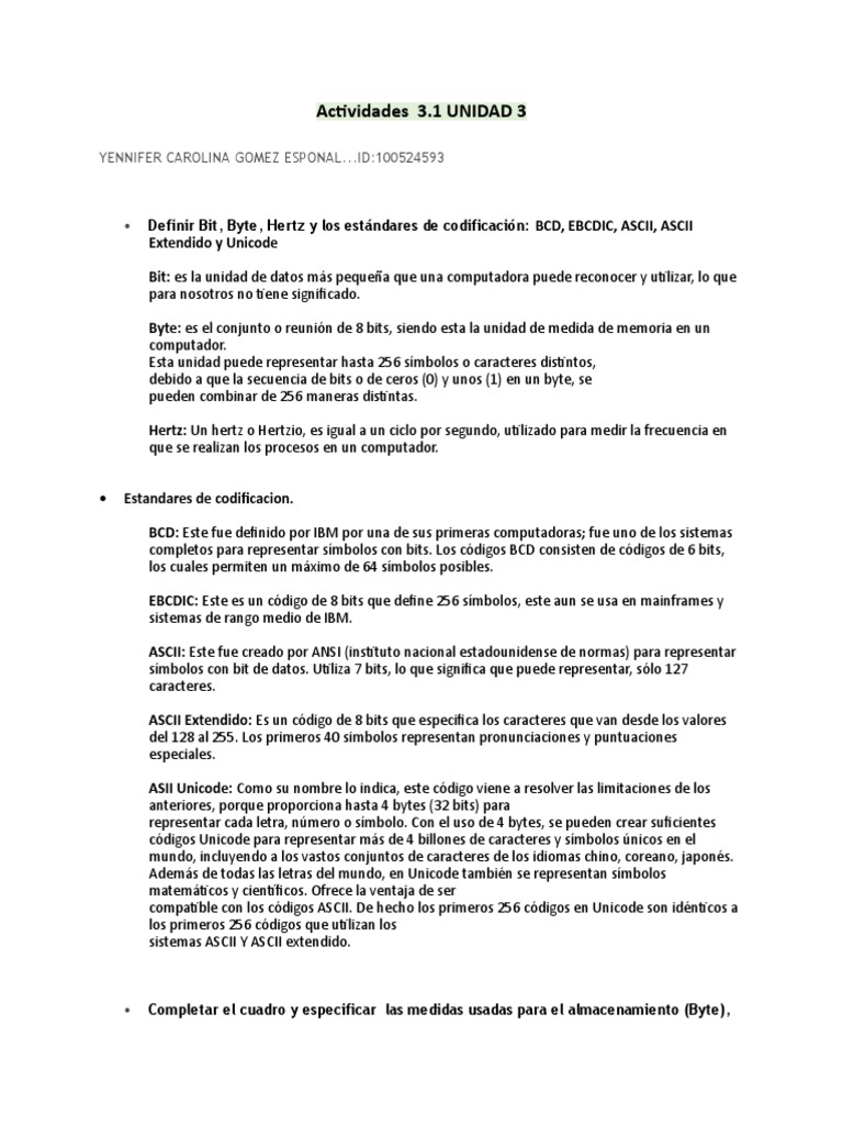 Definición de unidades básicas de informática como bit, byte, hertz y ...