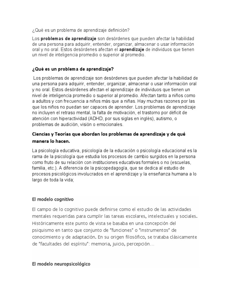 Problema de Aprendizaje | Descargar gratis PDF | Aprendizaje | Psicología Educacional