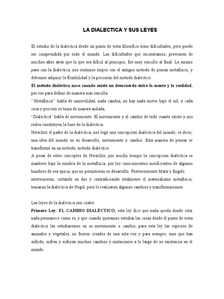 LA DIALECTICA Y SUS LEYES Trabajo | PDF | Dialéctico | Metafísica