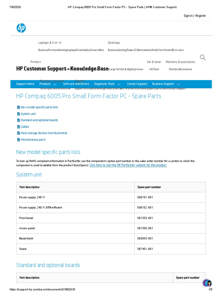 HP Compaq 6005 Pro Small Form Factor PC - Spare Parts - HP® Customer ...