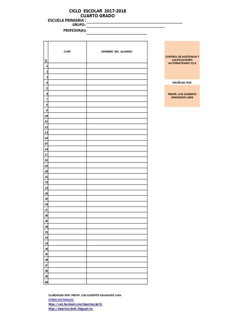 Control Escolar 2017-2018 Cuarto Grado | PDF | Educación primaria