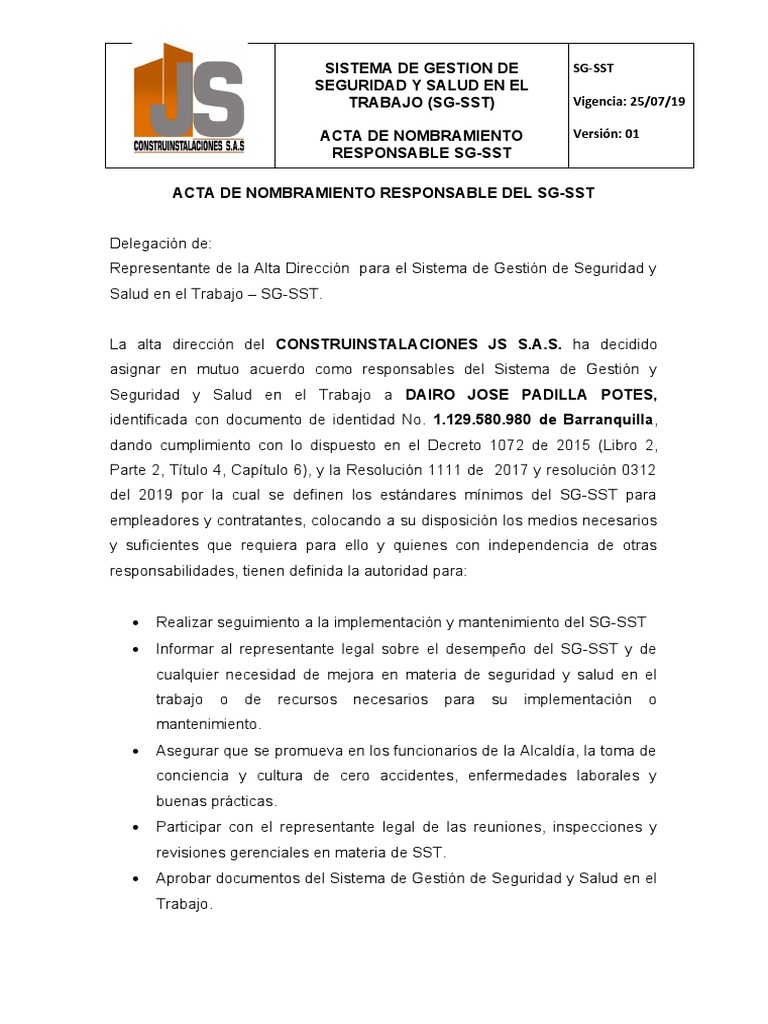 Acta De Nombramiento Responsable Del Sg Pdf