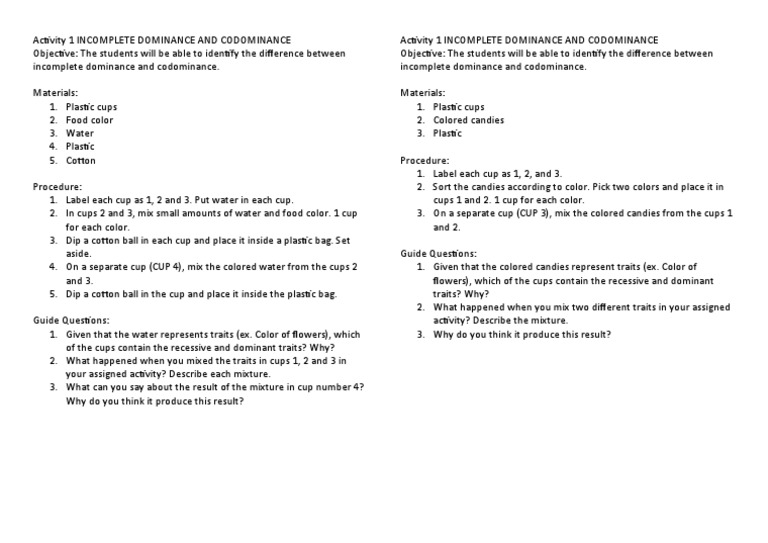 Incomplete Dominance vs Codominance Activity | PDF | Dominance ...