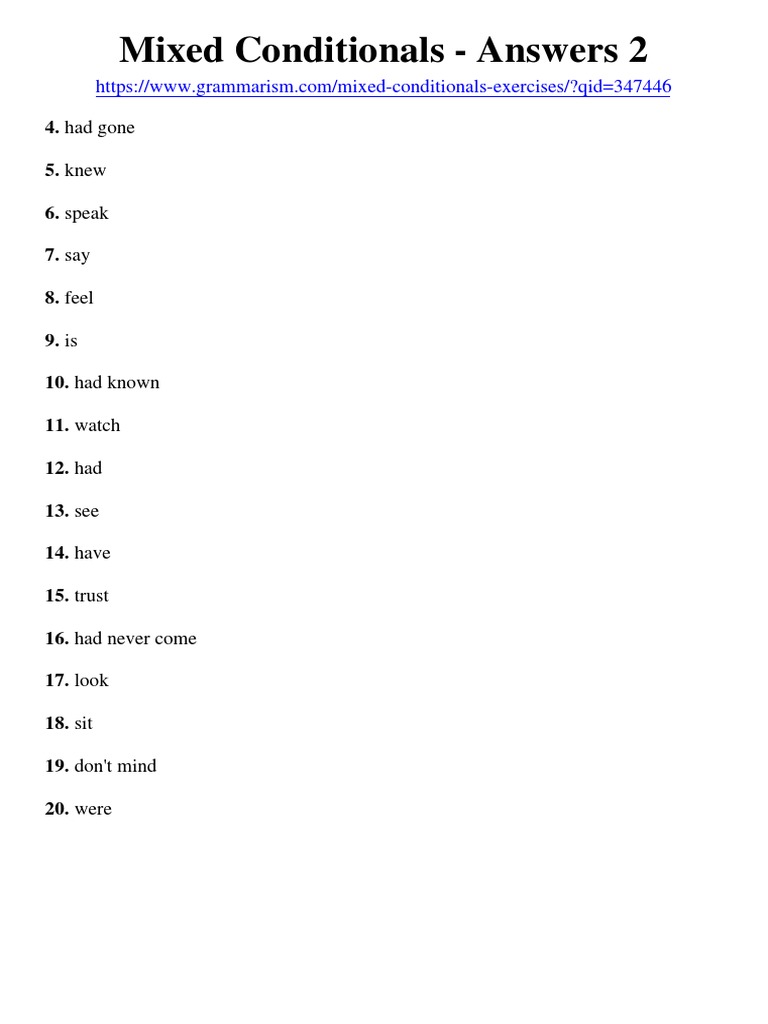Grammarism Mixed Conditionals Test 2 Answers 2969160 | PDF