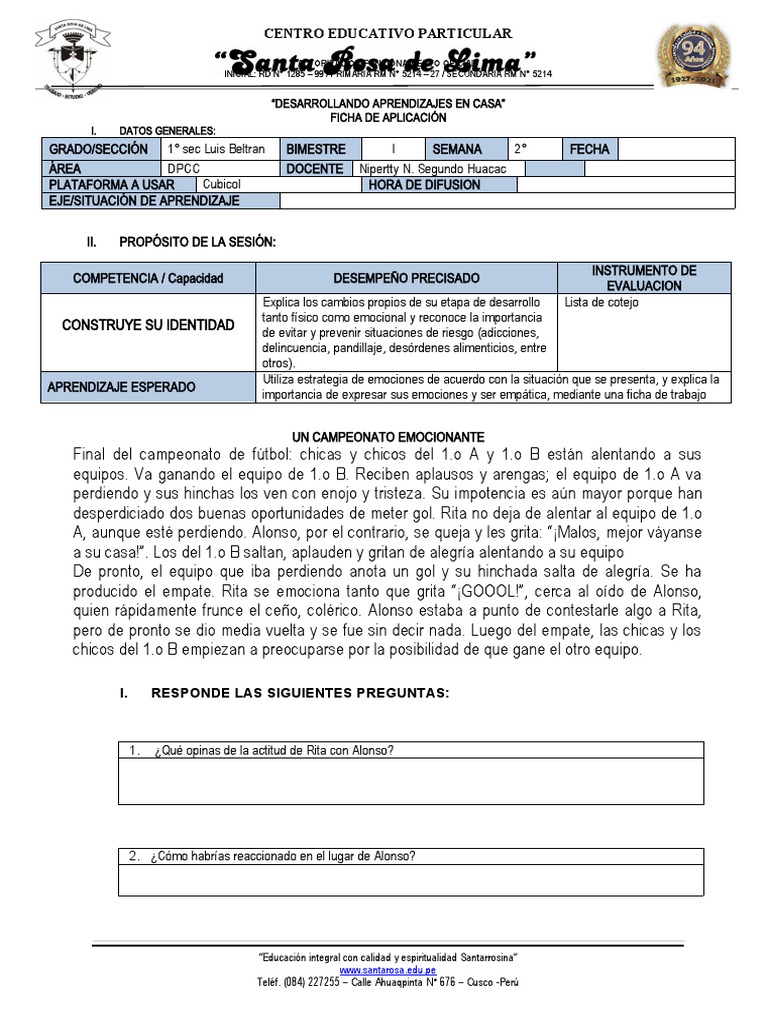 DPCC 1RO SEC 1ra Ficha de Aplicación | Descargar gratis PDF | Las emociones | Conceptos psicologicos