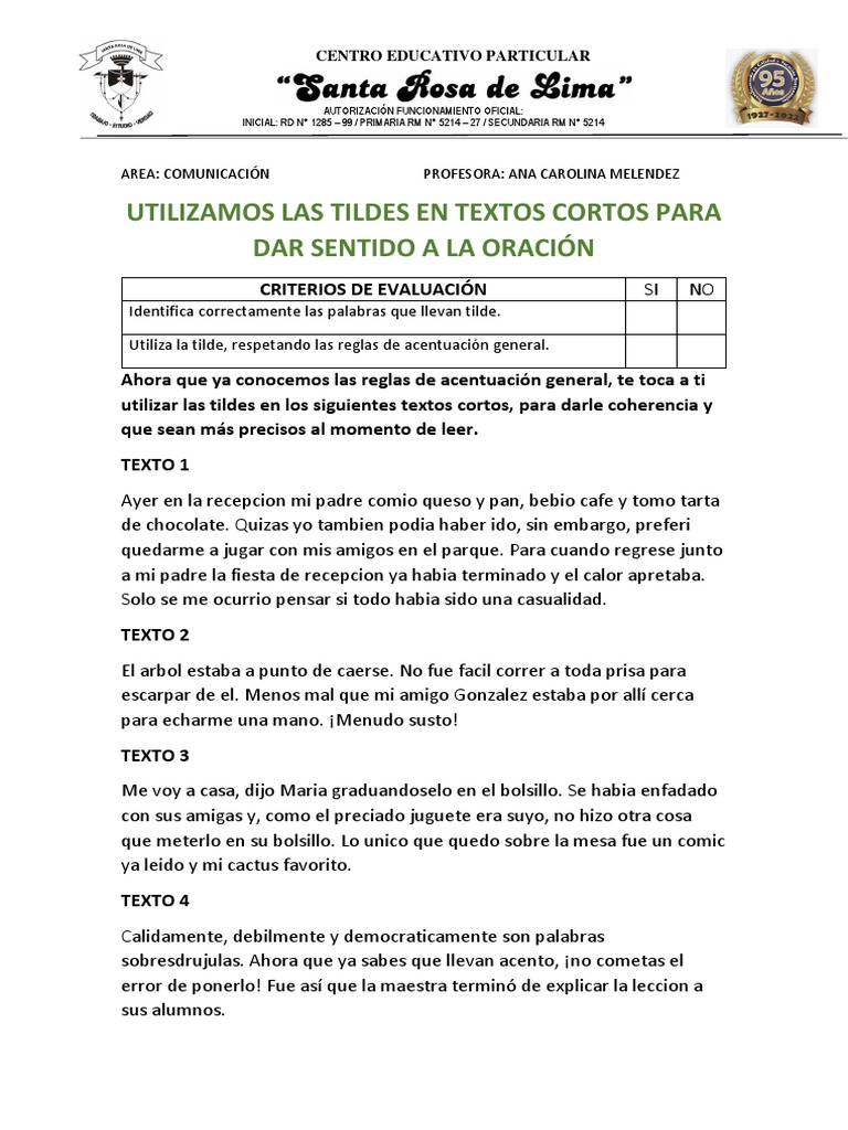 Textos Cortos para Colocar Las Tildes | PDF