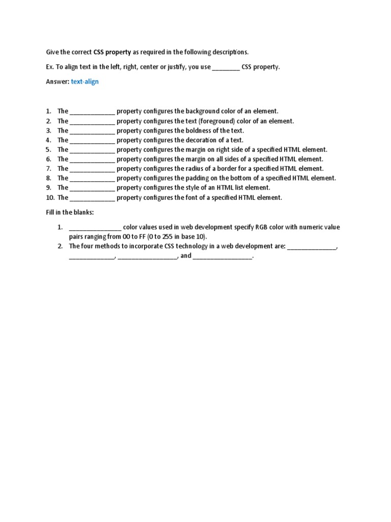 CSS Property Descriptions Quiz | PDF | Computers