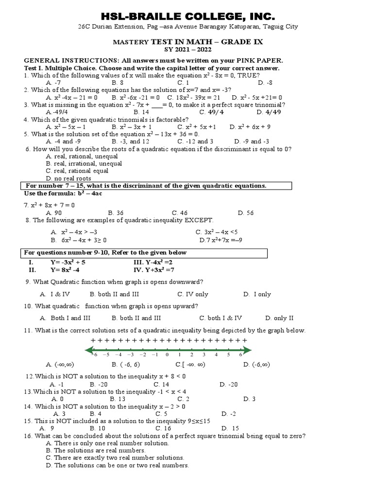 F Mastery Test in Mathematics 9 Sy 2021 2022 | PDF | Quadratic Equation ...