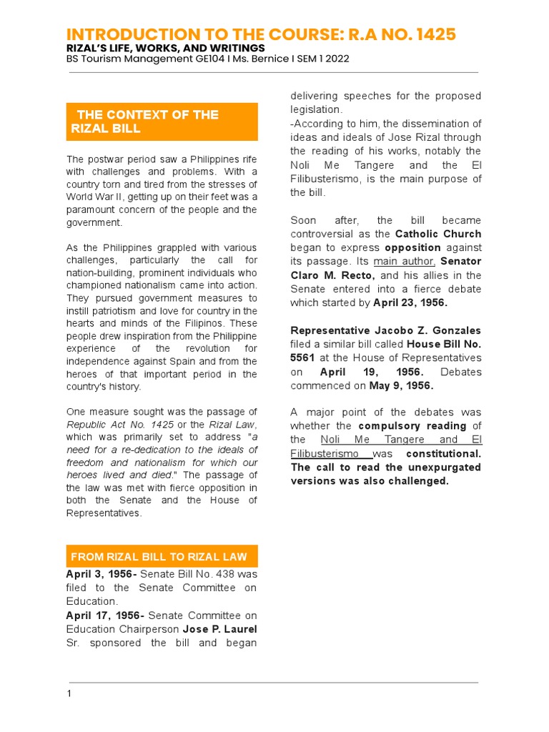 Introduction To The Course - R.A No. 1425 | PDF | Government