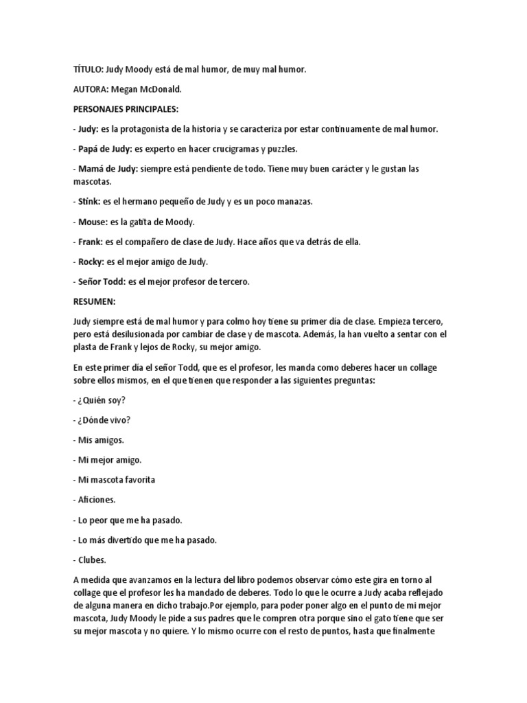Resumen Libro Judy Esta de Mal Humor | PDF | Humor