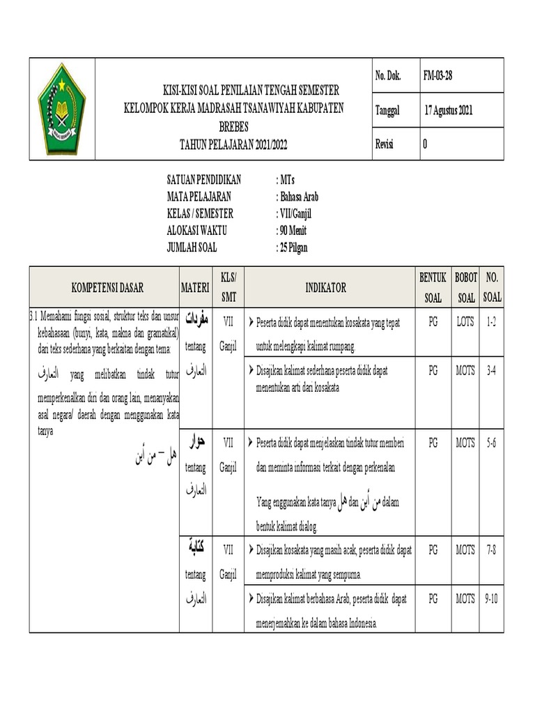 Kisi Pts Bhs. Arab Kls 7 Ganjil 2021-2022 | PDF