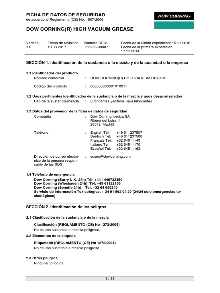 Dow Corning (R) High Vacuum Grease | PDF | Residuos | Materiales