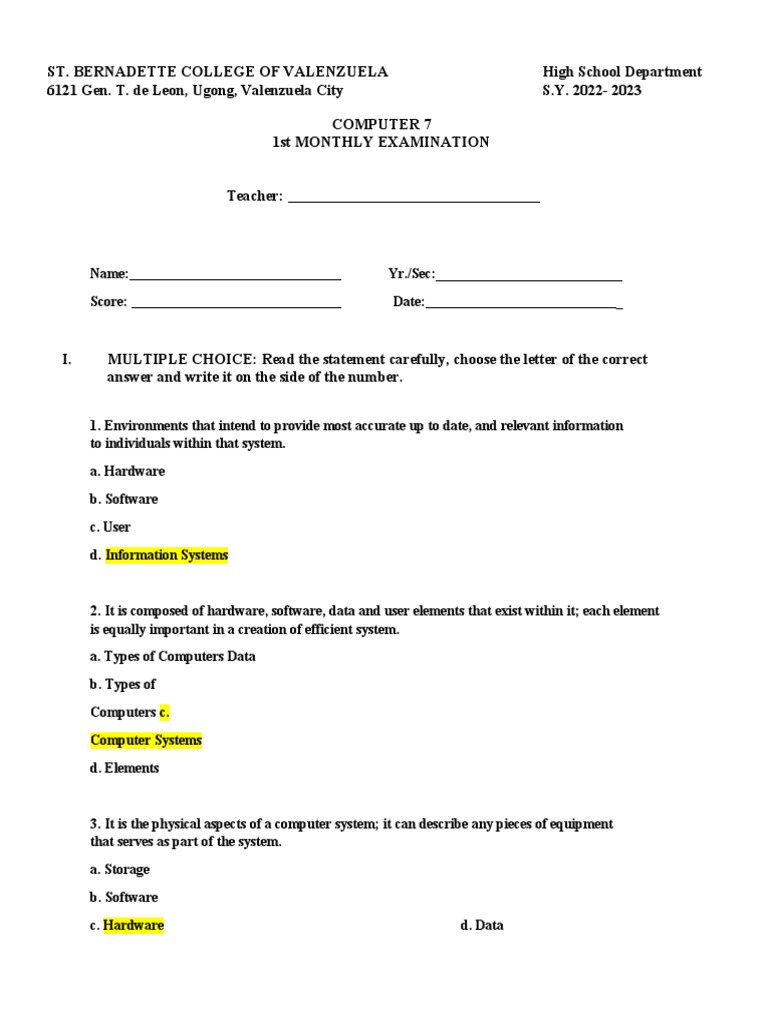 Computer 7 1st Monthly Examination | PDF | Software | Computer Hardware
