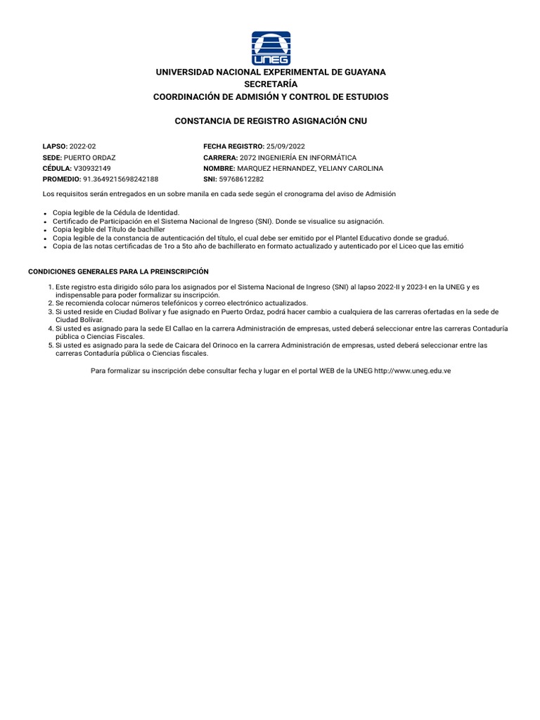 Sistema de Admisión A La UNEG | PDF