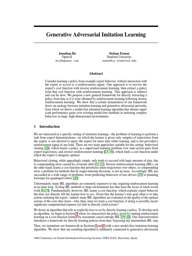 Generative Adversarial Imitation Learning: A New Framework for Directly ... Generative Adversarial Imitation Learning: A New Framework for Directly ...
