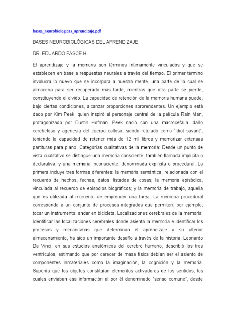 Bases Neurobiológicas Del Aprendizaje Aprendzj Y Memoria Pdf