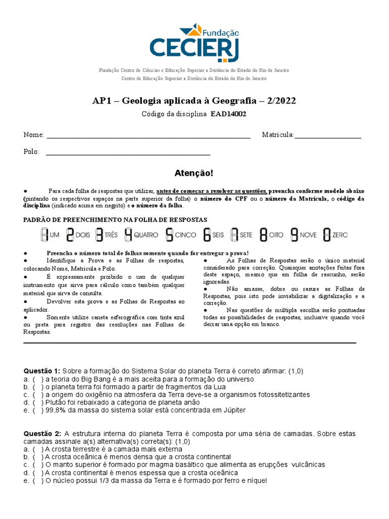 AP1 Geologia aplicada à Geografia | PDF | Crosta (Geologia) | Terra