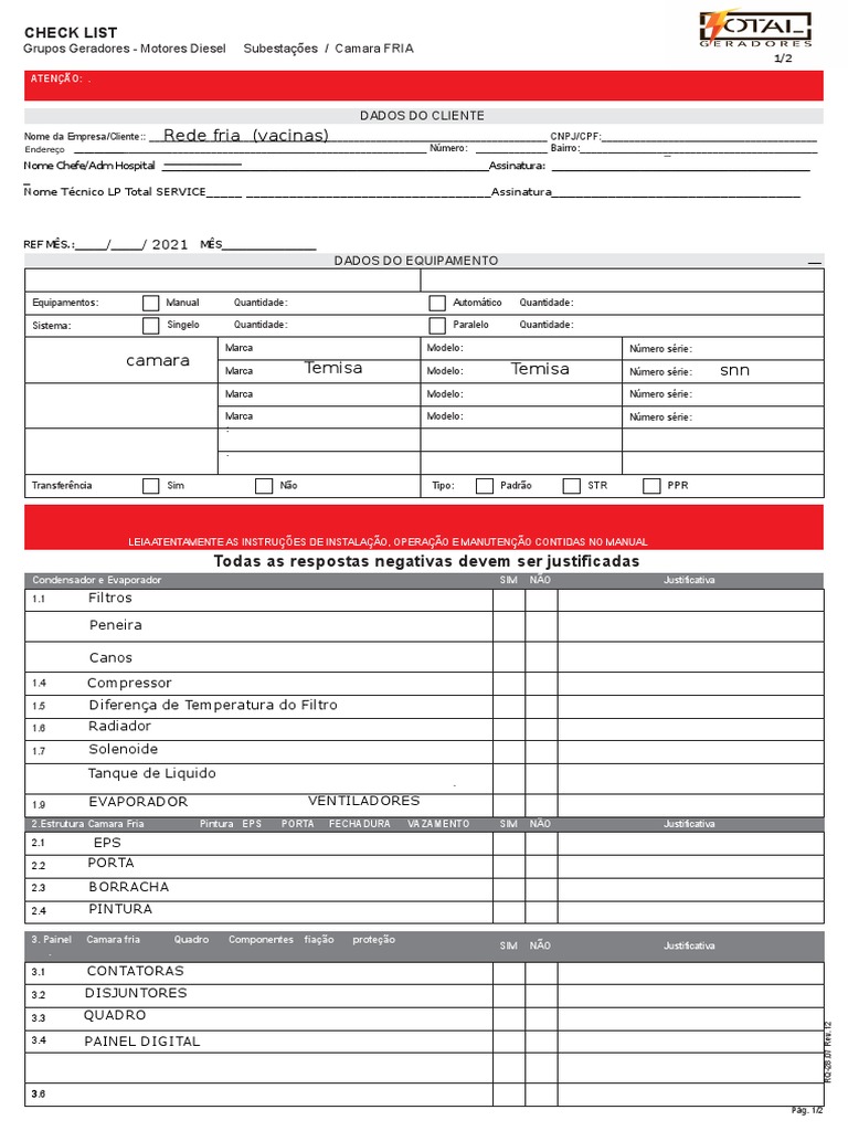 Checklist Unico Camara Fria Aberto 2021 Rede Fria | PDF