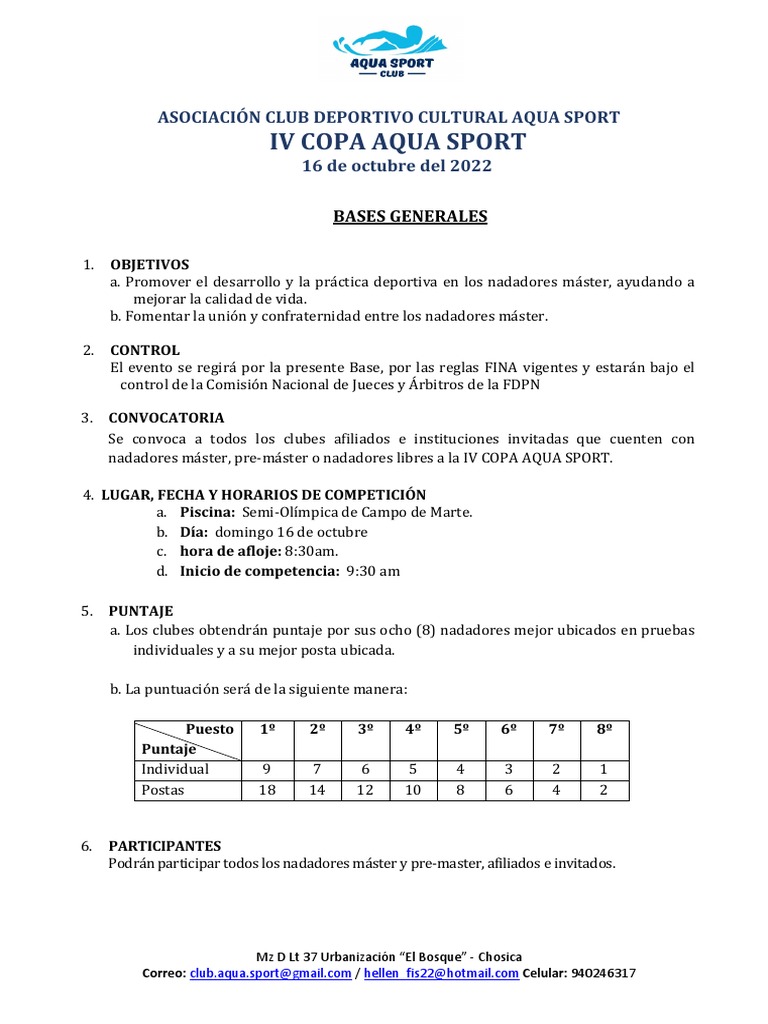 IV Copa Aqua Sport 2022: Bases y Detalles | PDF | Deportes