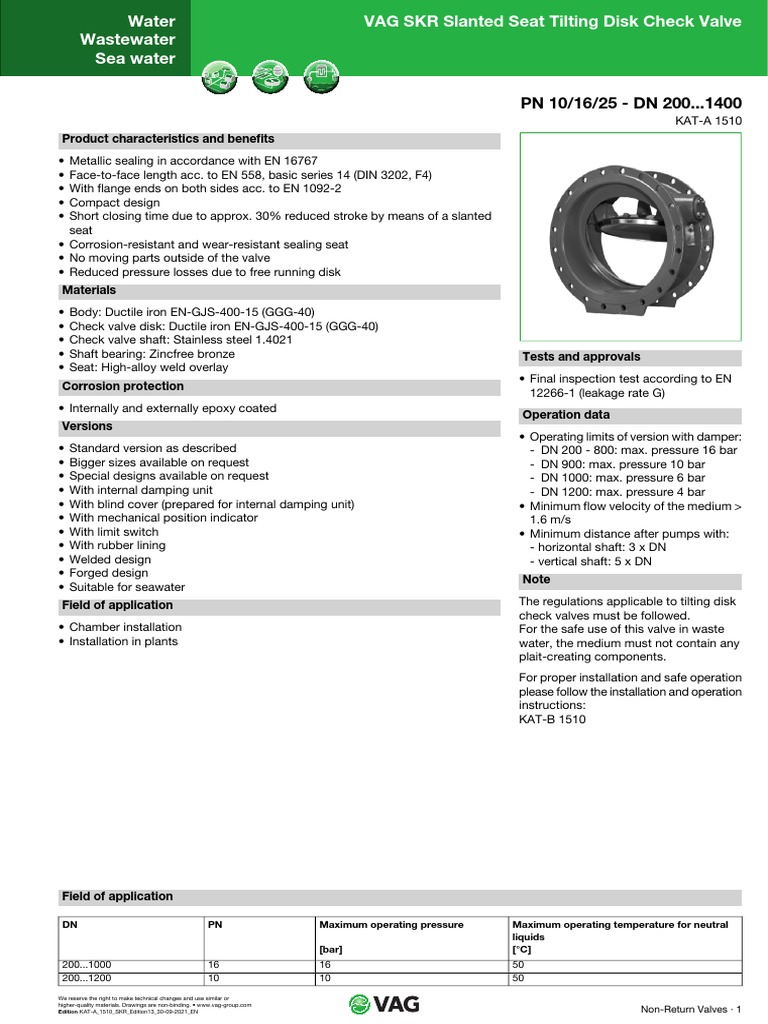 VAG SKR Tilting Disk Check Valve Specs | PDF | Valve | Corrosion