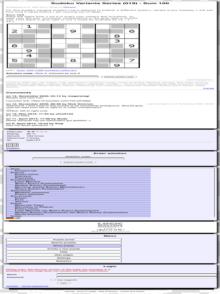 Sudoku Variants Series (019) - Sum 100 - Rätselportal - Logic Masters ...