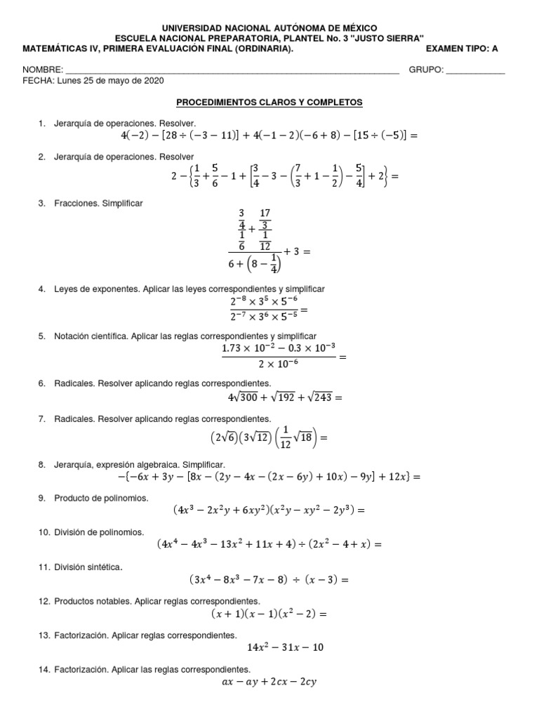 1° Examen Final Mate 4 Tipo A, 2020 | PDF | Ecuaciones | Factorización