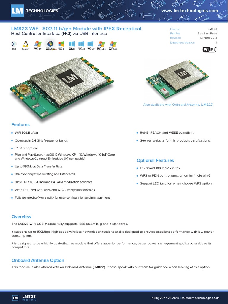 Lm823 Wifi 802.11 B/G/N Module With Ipex Receptical: Host Controller Interface (Hci) Via Usb ...