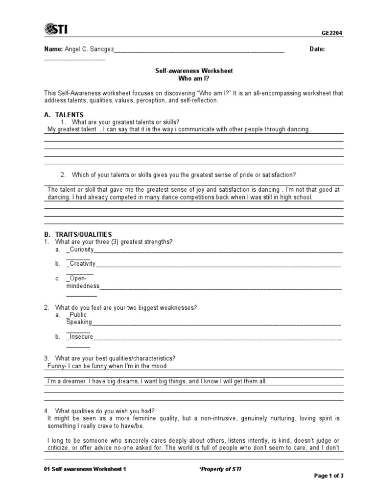 01 Self-Awareness Worksheet 1 | PDF | Self Awareness | Psychology