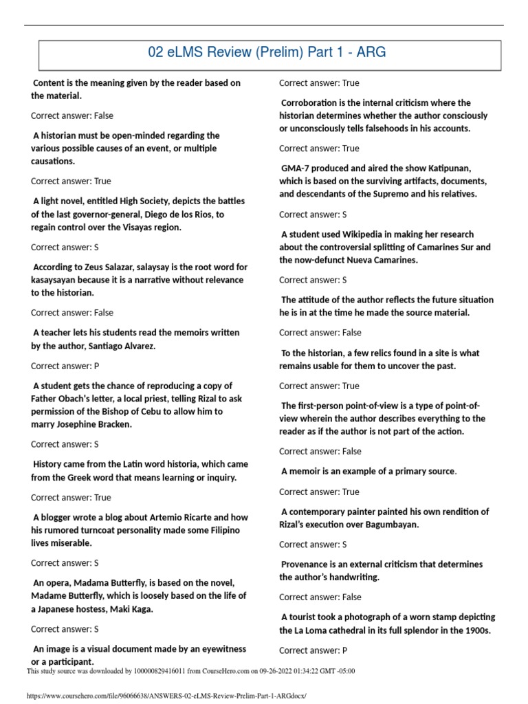 ANSWERS 02 ELMS Review Prelim Part 1 ARG | PDF