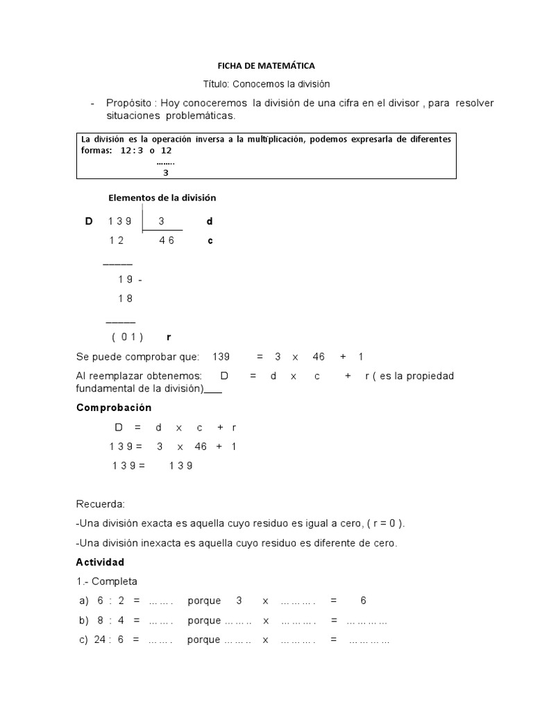 Ejercicios de división para niños | PDF | División (Matemáticas ...