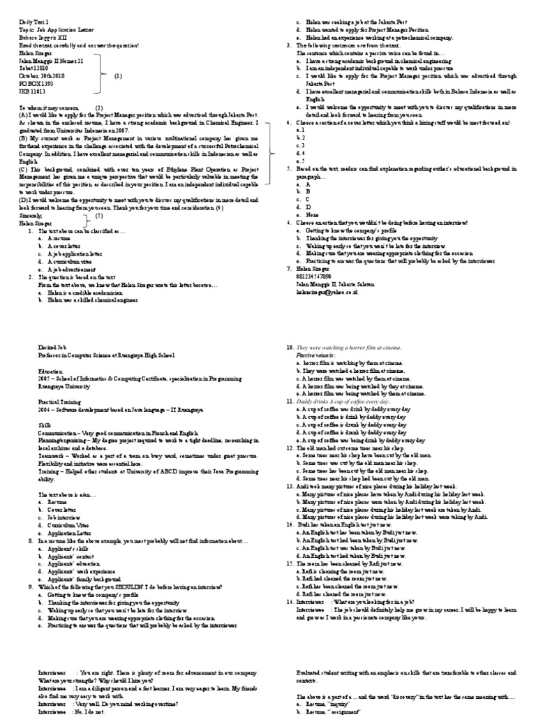 Daily Test 1 Application Letter | PDF | Cognition | Learning