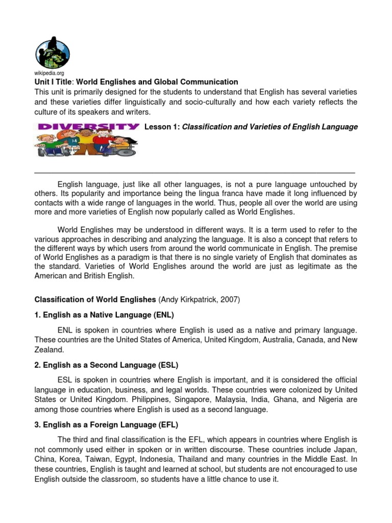 Lesson 1 Classification and Varieties of English Language | PDF ...