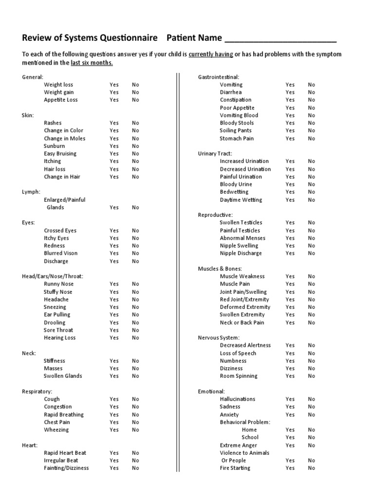 Review of Systems Questionnaire | PDF | Diseases And Disorders ...